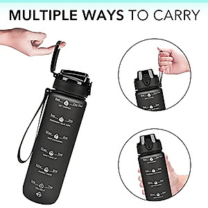 GOSWAG 32oz Motivational Water Bottles with Time Marker and Fruit Strainer, Sports Water Bottle with Times to Drink, Leakproof, Reusable Plastic Bottle with Strap no Straw for Gym, School