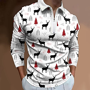 Mens Christmas Long Sleeve Polo Shirts Slim Fit 1/4 Zip Up Cotton Golf T-Shirts 2022 Fall Winter Casual Xmas Sweatshirt(White 01,Large)