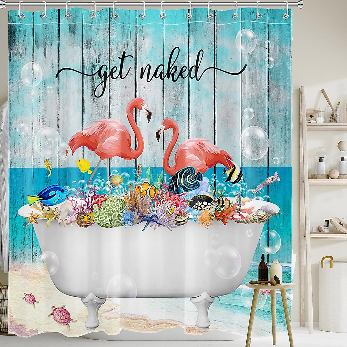 LB Pink Flamingo Shower Curtain Tropical Fish Coral in Bathtub on Beach Shower Curtain Set Blue Ocean Get Naked Shower Curtains for Bathroom Waterproof Washable Fabric with Hooks,72x72 inch