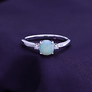 GEMVIO Collection Round Cut 6MM Natural White Opal Gemstone & Diamond Accent Solitaire Rings in 14K White Gold Over Sterling Silver Engagement Anniversary Promise Ring For Womens (0.70Cttw) Size-7.5