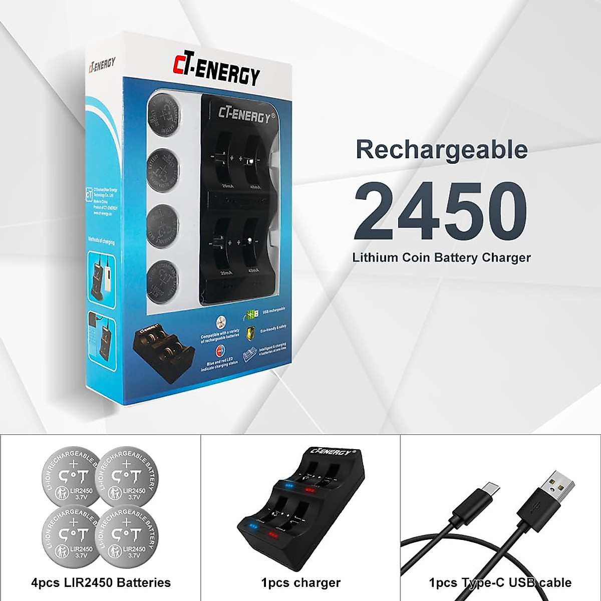 CT-ENERGY Rechargeable CR2450 Batteries 4 Pack with Coin Button Battery Charger,3.7V Rechargeable Lir2450 Battery 120mAh