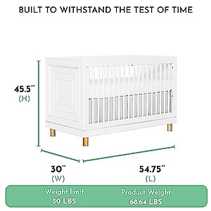 Evolur Loft Art Deco 3-in-1 Convertible Crib in White with Gold Hardware, Greenguard Gold Certified, 3 Mattress Height Settings, Features Rounded Spindles, Converts to Toddler Bed & Daybed