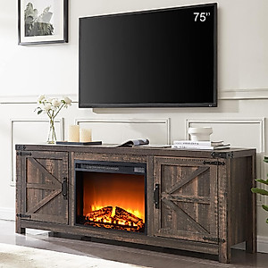 T4TREAM Fireplace TV Stand for 75 Inch TV, Farmhouse Barn Door Media Console, Entertainment Center with 23" Electric Fireplace Remote Control, for Living Room, 66 Inch, Dark Rustic Oak