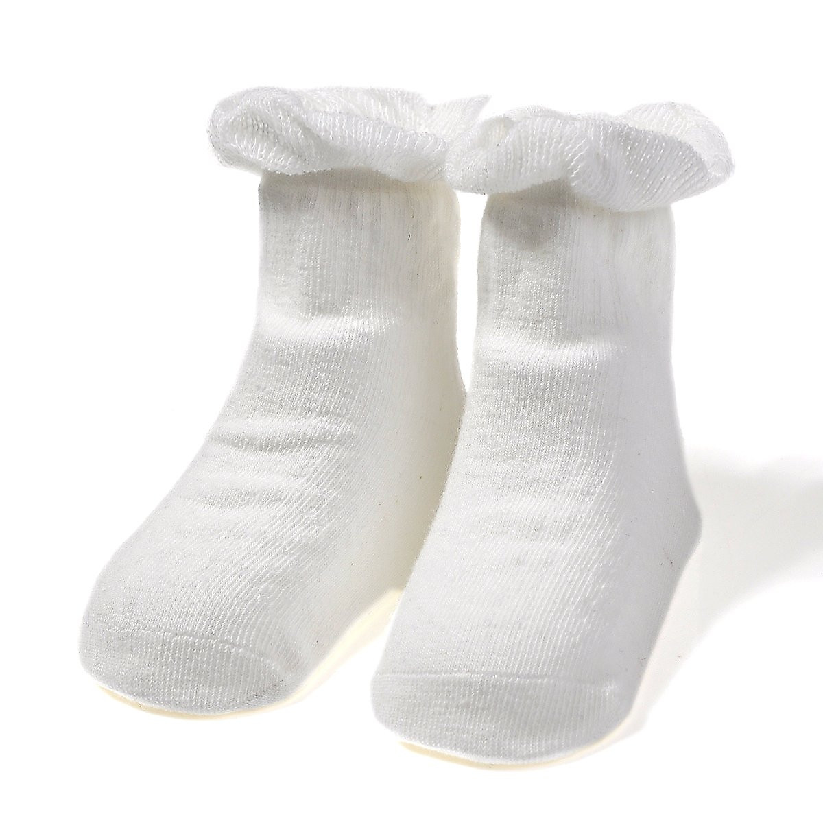 EPEIUS Infants and Toddlers Baby-Girls Non Slip Ruffle Frilly Ankle Socks Pointelle Grip Socks (Pack of 6) 6-18 Months,Natural White