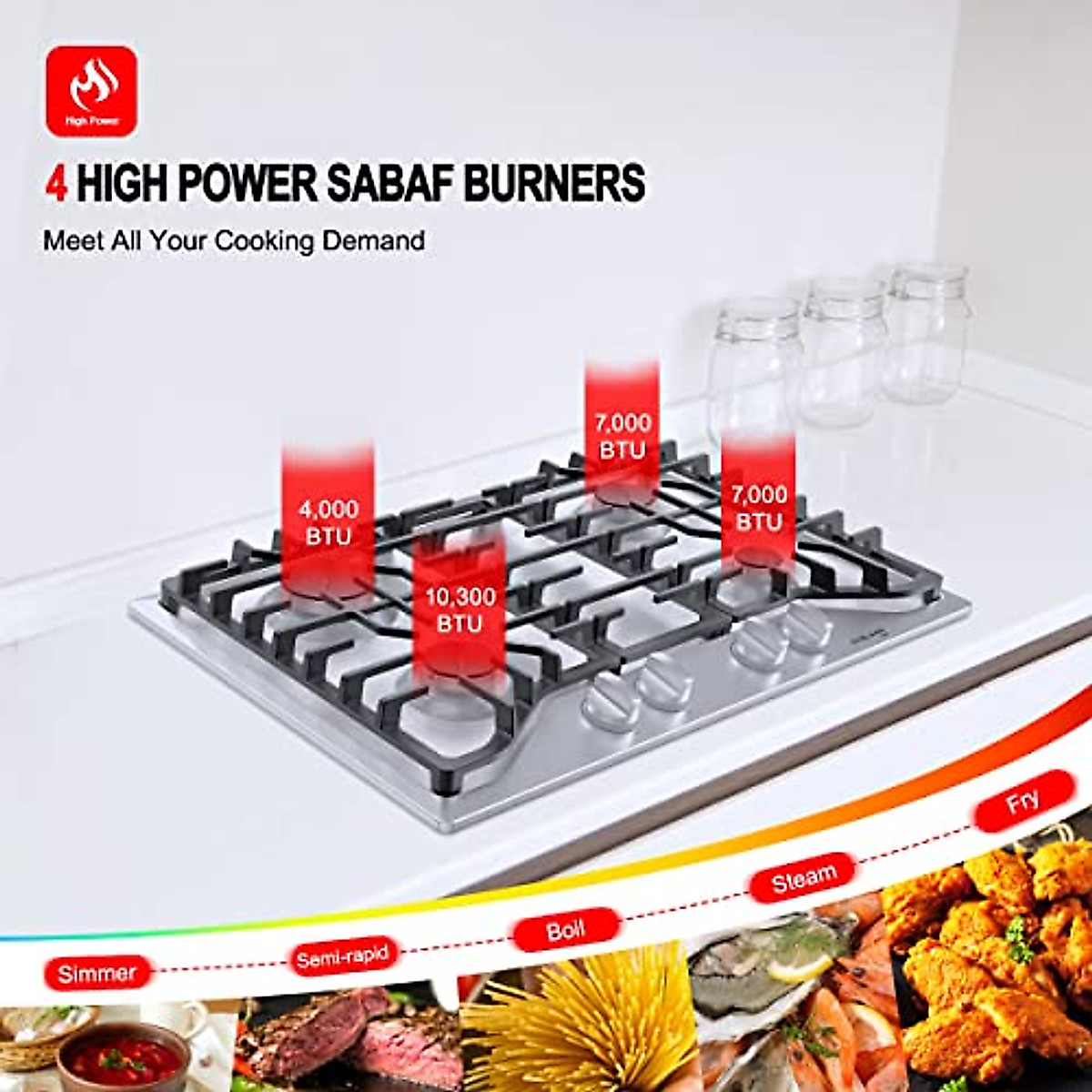 30 Inch Gas Cooktop, GASLAND 4 Italy Sabaf Sealed Burner Gas Stovetop, 30 inch Drop in Gas Range Cooktop,28,300 BTU NG/LPG Convertible,Heavy Duty Cast Iron Grates with Metal Knobs