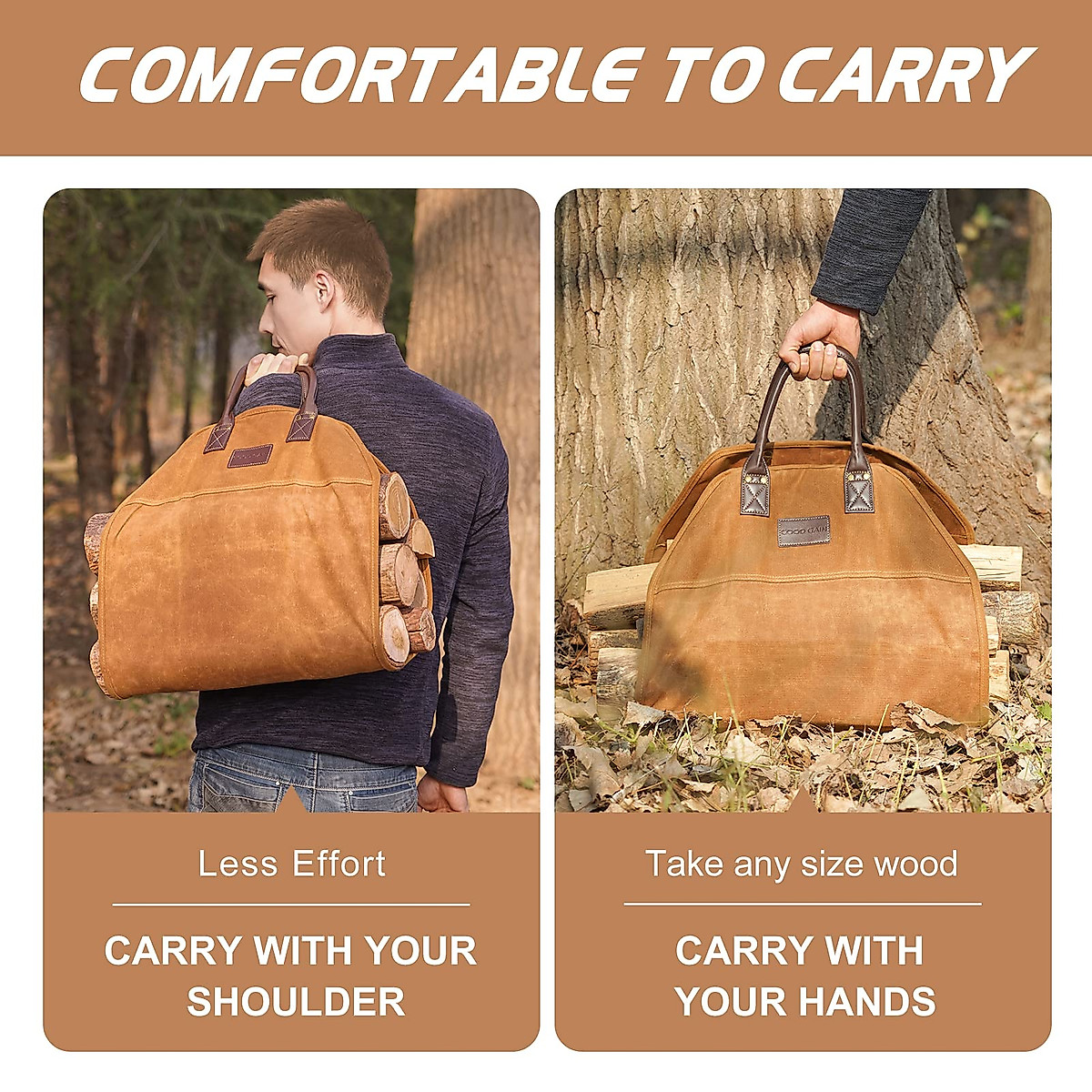 G GOOD GAIN Firewood Carrier Waxed Canvas with Leather Handles, Wood Carrier for Firewood, 36x18.5 in Heavy Duty Firewood Storage Tote, Fireplace Log Carrier Indoor Bag, Wood Stove Accessories. Khaki