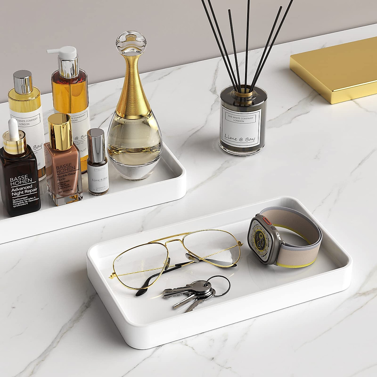 Gurygo 10" Ceramic Bathroom Vanity Tray for Kitchen Counter – Soap Dispenser Trays - Bathroom Tray - Kitchen Tray for Soap Bottles Organization (White, Set/1)