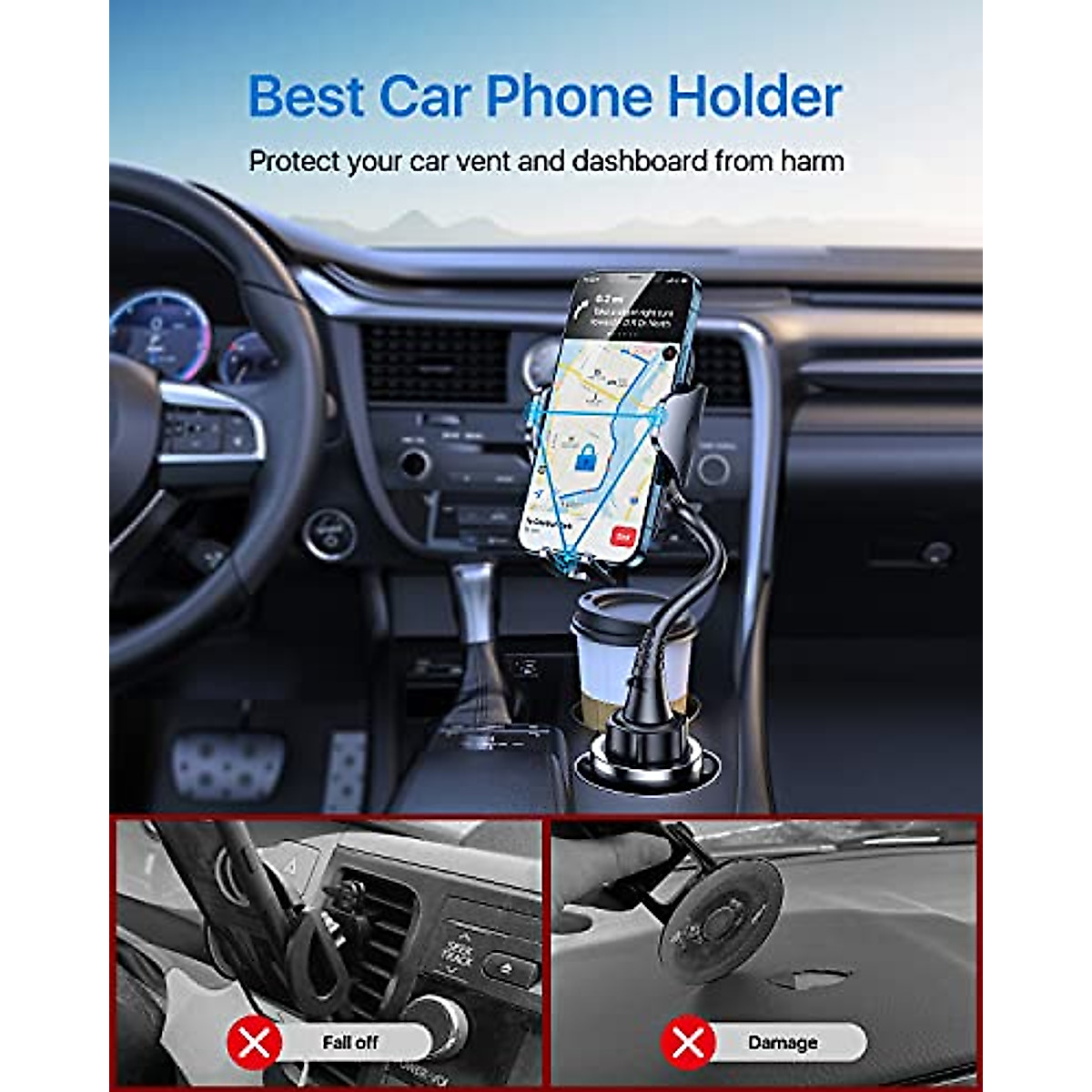 Danmus® Upgraded Car Cup Holder Phone Mount with Extendable Base, [15-in Adjustable Long Gooseneck] [Military-Grade] Car Truck Mount Compatible with iPhone 15 14 13 12 Pro Max Samsung S23 All