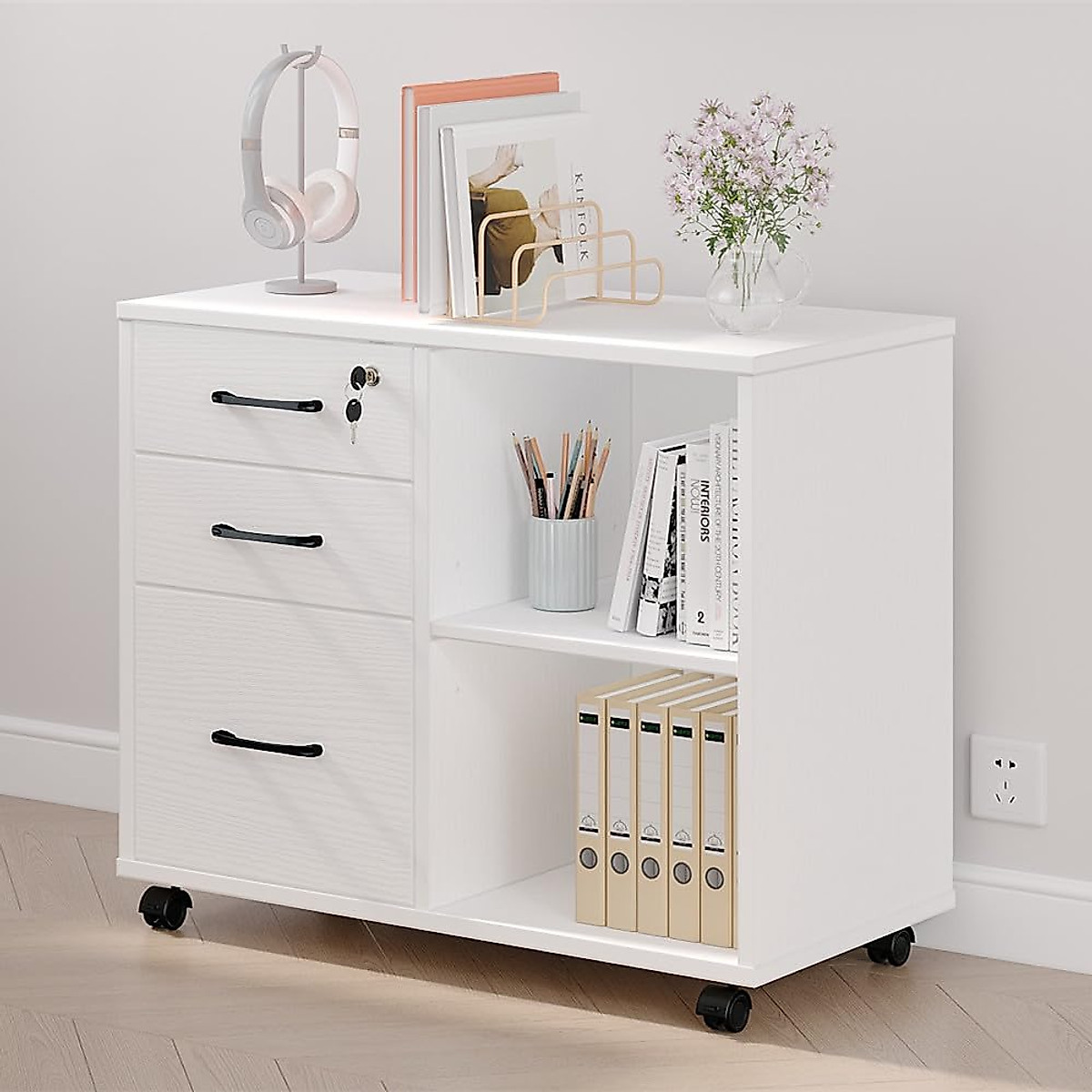 3 Drawer Office File Cabinets, Mobile Lateral Printer Stand with Open Storage Shelf, Rolling Filing Cabinet with Wheels Home Office Organization and Storage (White)
