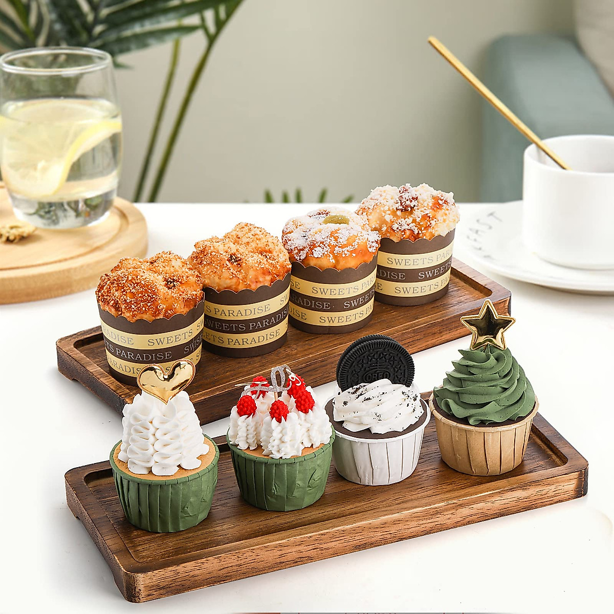 SOUJOY Set of 4 Wood Serving Tray, Oak Platter for Food, 12'', 14.5'' Rectangular Charcuterie Board with Edge for Home Decor, Dessert, Vegetables, Fruit, Appetizer, Cheese Dishes