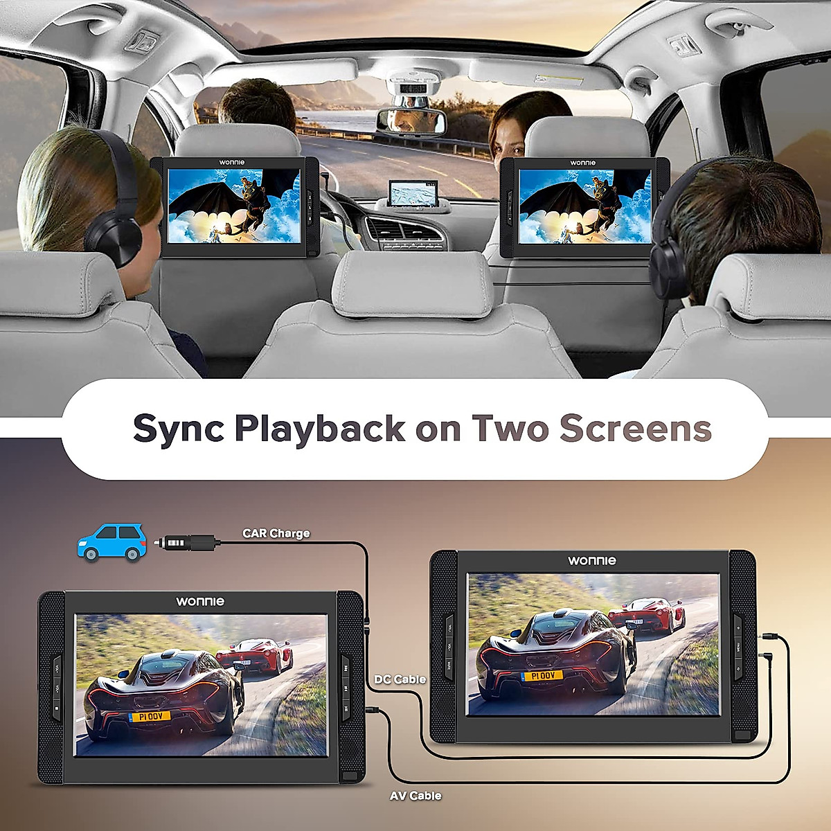 Wonnie 10.5inch Dual Portable DVD Player for Car, Headrest Kids CD Players with Two Headphones Built-in 5 Hours Rechargeable Battery, Support USB/SD/MMC,Regions Free,AV Out & in ( 1 Player+1 Monitor )