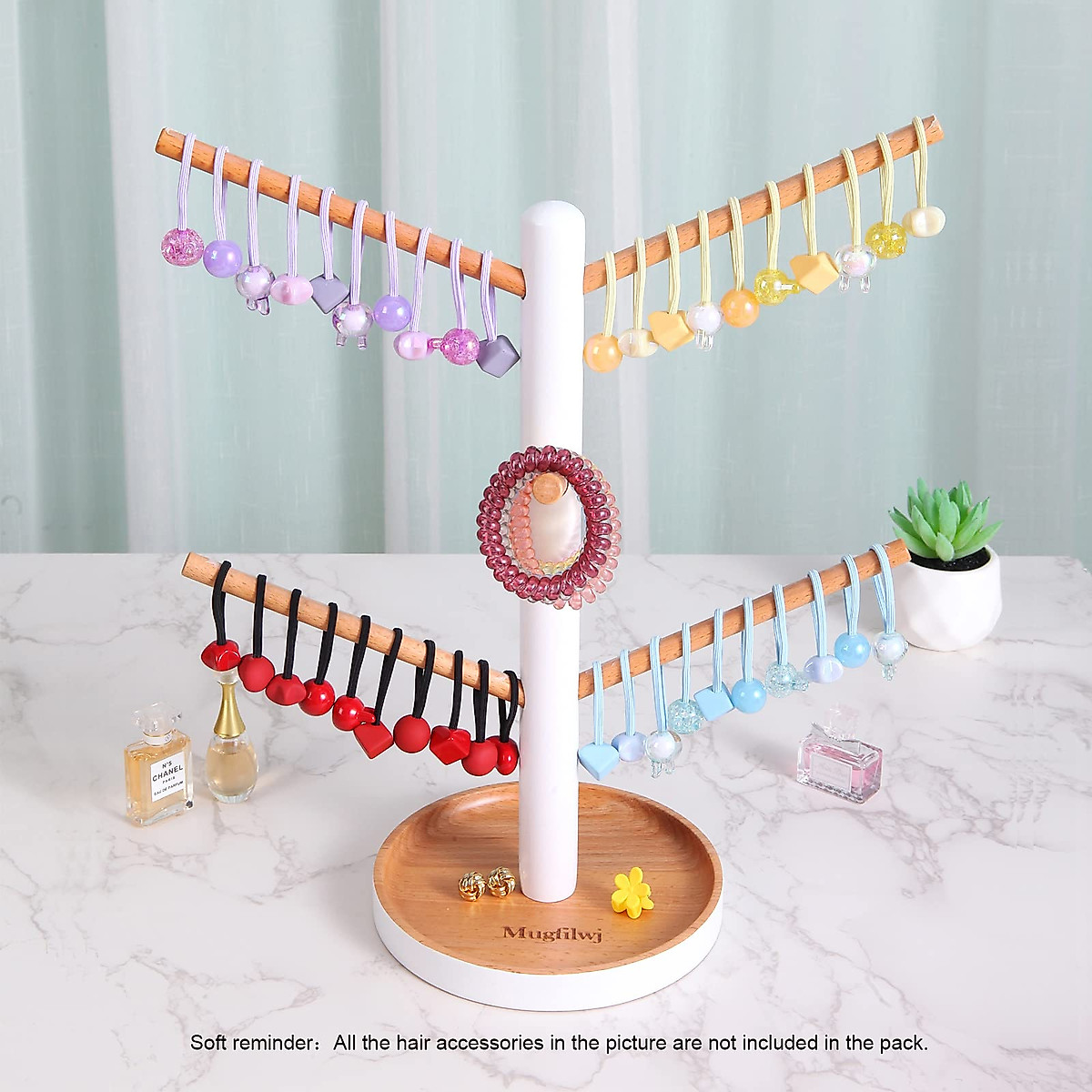 MUGFILWJ Headband Holder Organizer with 6 Branches Wooden Scrunchie Display Hanger with Bottom Bracket for Hair Hoop Hairband Jewelry Claw Clips Perfect Gifts for Girls and Women(white)