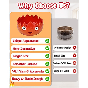 Coopay Flame Yarn Bowl for Crocheting/Knitting, Cute Yarn Storage Bowl with 7PCS Yarn & Accessories, Large Size Ceramic Yarn Bowl 6in Crochet Knitting Bowl for Beginners, Great Knitting Crochet Gift
