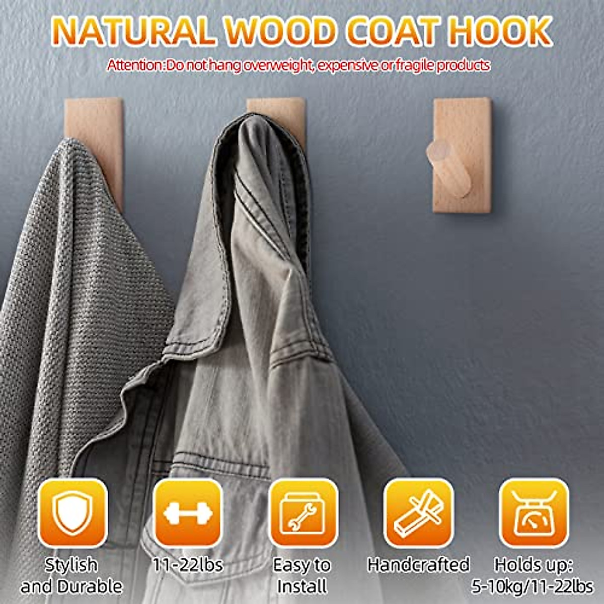 Laelr 6 Pack Wood Wall Hooks Wood Coat Hooks Wall Mounted Rustic Wooden Wall Hooks with 12 Screws Heavy Duty Wall Hanger Robe Hook for Hanging Coats Backpacks Hats Scarf Clothes Towels Bags 11-22lbs