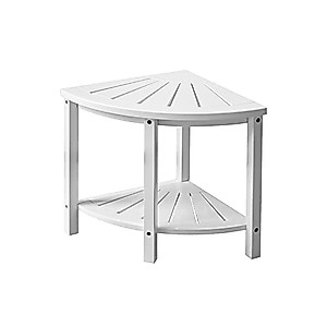 Forevich Shower Corner Bamboo Bench with Shelf, Corner Seat Shower Stool for Inside Shower White