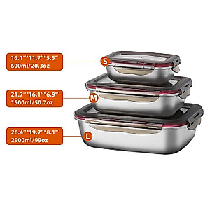 XingXiuSis Stainless Steel Food Storage Container with Lids Set of 3 Leak-proof Metal Food Containers Meal Prep Containers Lunch Box for Dishwasher/Freezer/Oven Safe, 600ml/ 1500ml/ 2900ml Stackable