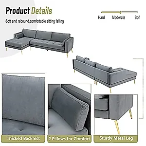 P PURLOVE Sectional Sofa Couch, L-Shape Upholstered Couch with Two Grey Pillows(Not Include White Pillows) for Living Room Home Furniture, Grey