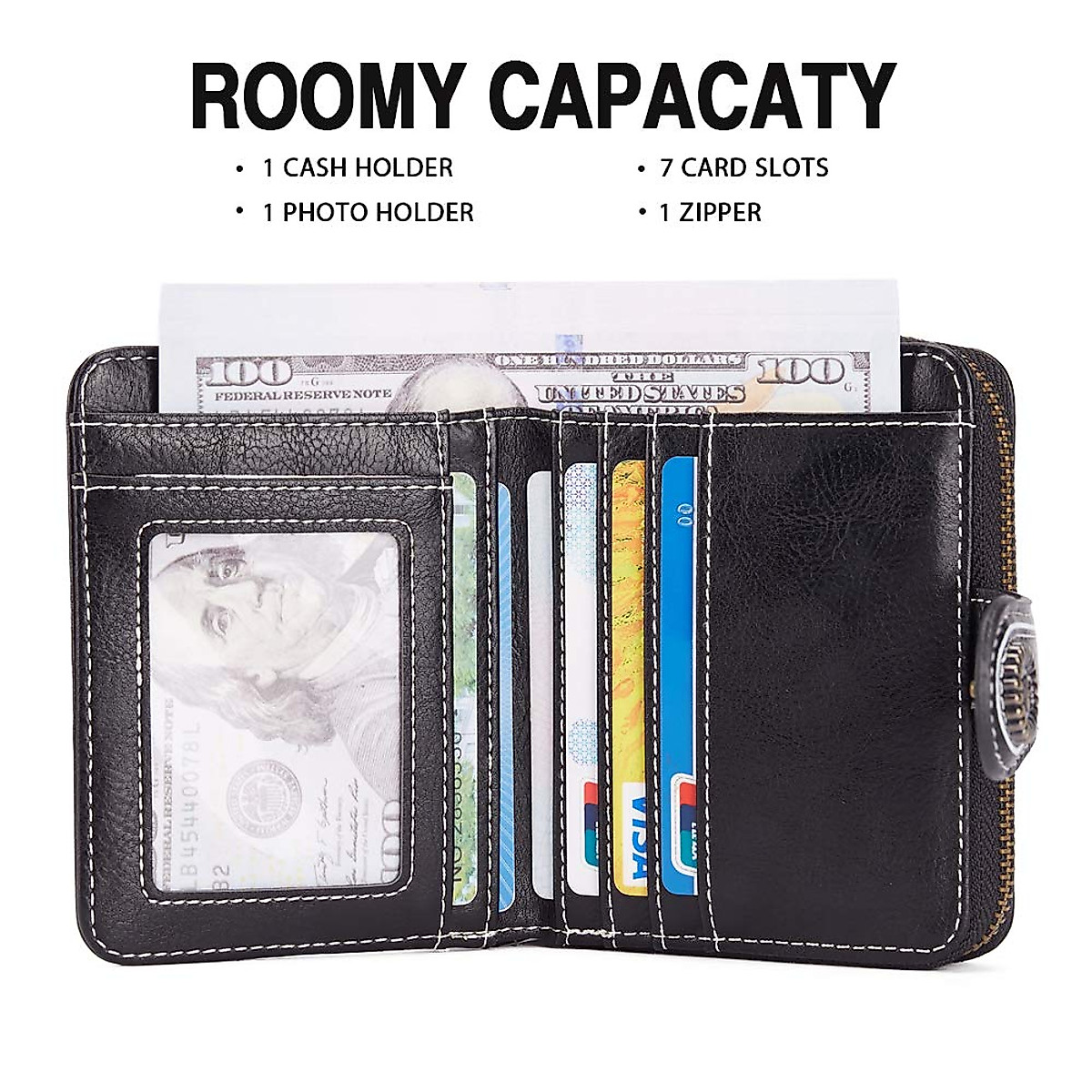 ZLON Small Wallets for Women RFID Blocking Genuine Leather Women Wallet with ID Window (Black)