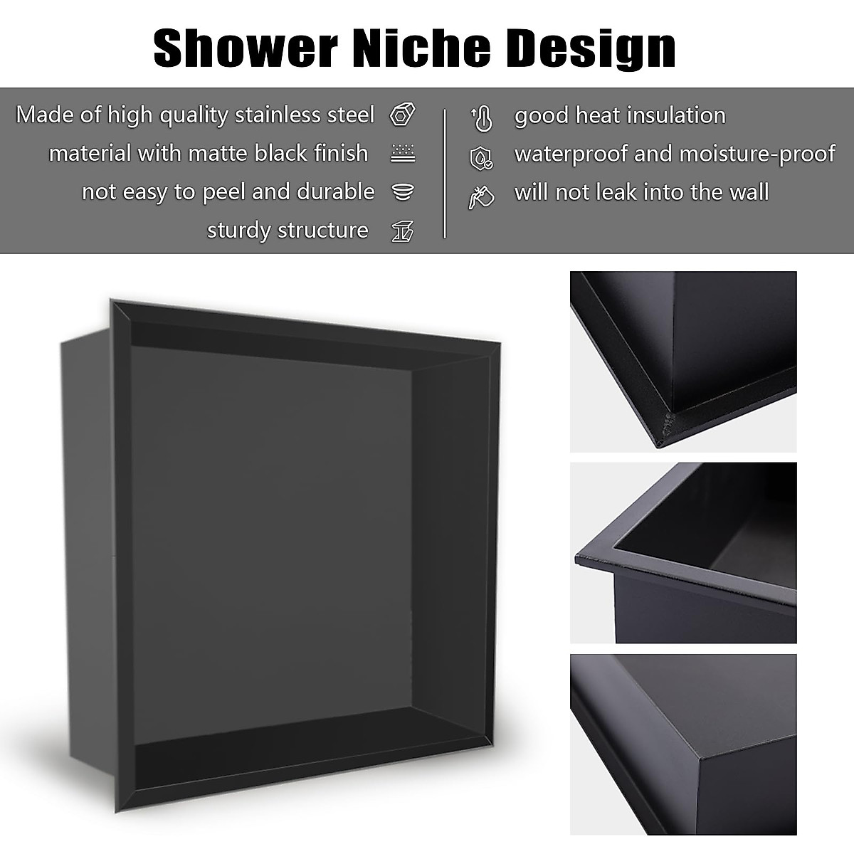 ZHAIUPON Shower Niche 12" x 12", Stainless Steel Wall Shower Niche No Tile Needed,Black Single Shelf Recessed Shower Shelf for Home Bathroom Storage Soap Niche