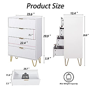 ANBUY 4 Drawer Dresser, Drawer Chest, Tall Storage Dresser Cabinet Organizer Unit with Metal Legs for Bedroom, Living Room, Closet (White/4 Drawer)