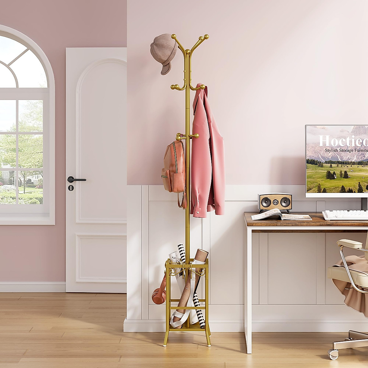 Hoctieon Coat Rack Freestanding, Coat Hanger Stand,Umbrella Holder, Hall Tree With 12 Hooks, Standing Coat Rack,Floor Standing Metal Umbrella Tree Stand, Gold