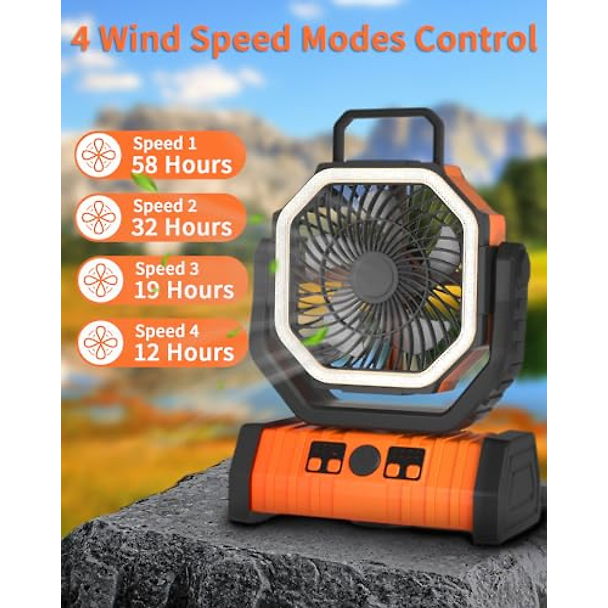 ADUST Camping Fan Battery Operated Powered Fan with LED Lantern Light 20000mAh Rechargeable Portable Fan, Oscillating Fan with 360° Rotation Hanging Hook for Tents, Cordless USB Desk Fan(Orange)