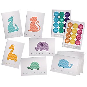 Hill Valley Greetings Around the World Chevron Safari Animals Baby Shower Thank You Note Cards - Set of 48 Baby Thank You Cards with Envelopes