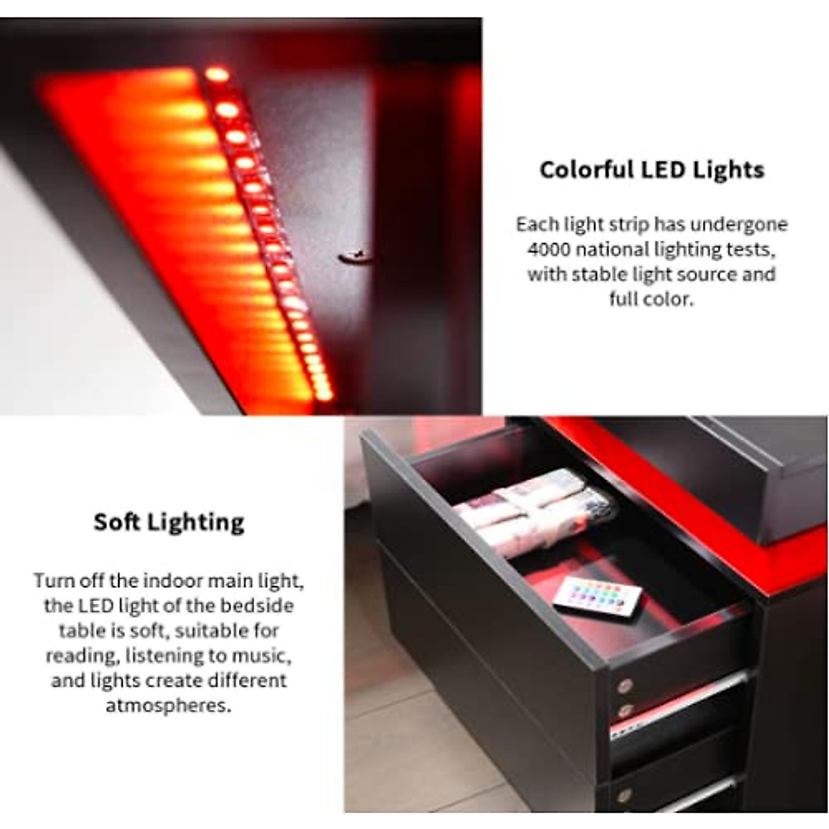 i-aplus Bedside Table with 2 Drawers, LED Nightstand Wooden Cabinet Unit with Lights for Bedroom, Living Room, Black