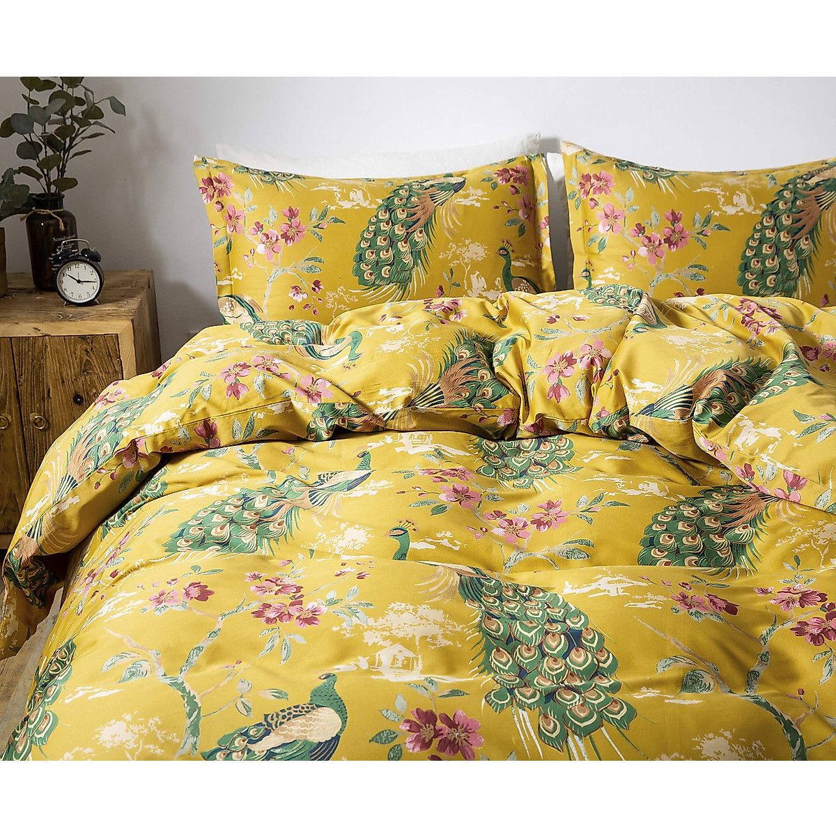 Eikei Chinoiserie Chic Peacock Floral Duvet Cover Paradise Garden Botanical Bird and Tree Branches Vintage Stylized Long Staple Cotton Bedding Set (Queen, Citrine)