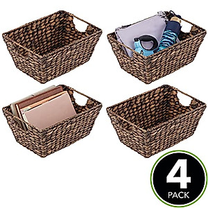 mDesign Natural Woven Hyacinth Closet Storage Organizer Basket Bin for Kitchen Cabinets, Pantry, Bathroom, Laundry Room, Closets, Garage - 4 Pack - Dark Brown
