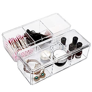 BTSKY Clear Acrylic 6 Section Organizer, Rectangular Stackable Organizer with Lid, Multi-Sectional Drawer Tray Storage Organizer Box Containers for Makeup Vanity Office Bathroom and Kitchen