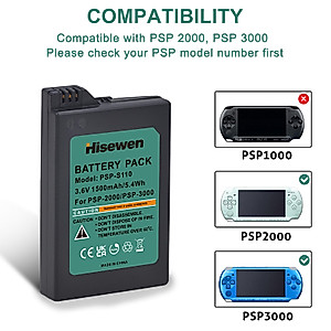 Hisewen 1500mAh 3.6V Lithium Ion Battery and LED USB Charger for Sony PSP 3000 / PSP Slim 2000 PSP-S110 Console, PSP-2001, PSP-3000, PSP-3001, PSP-3002, PSP-3004, PSP Slim Console