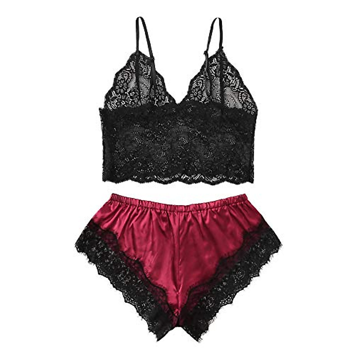 WDIRARA Women's 2Pcs Floral Lace Cami Top with Shorts Sleepwear Pajama Set Red L