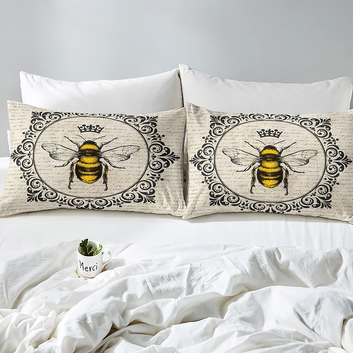 Erosebridal Sweet Honey Bee Bedding Sets Queen Cute Kawaii Animal Comforter Cover Retro Vintage Style Bed Sets 70S 80S Grunge Duvet Cover Old Newspaper Print Quilt Cover Breathable 3pcs
