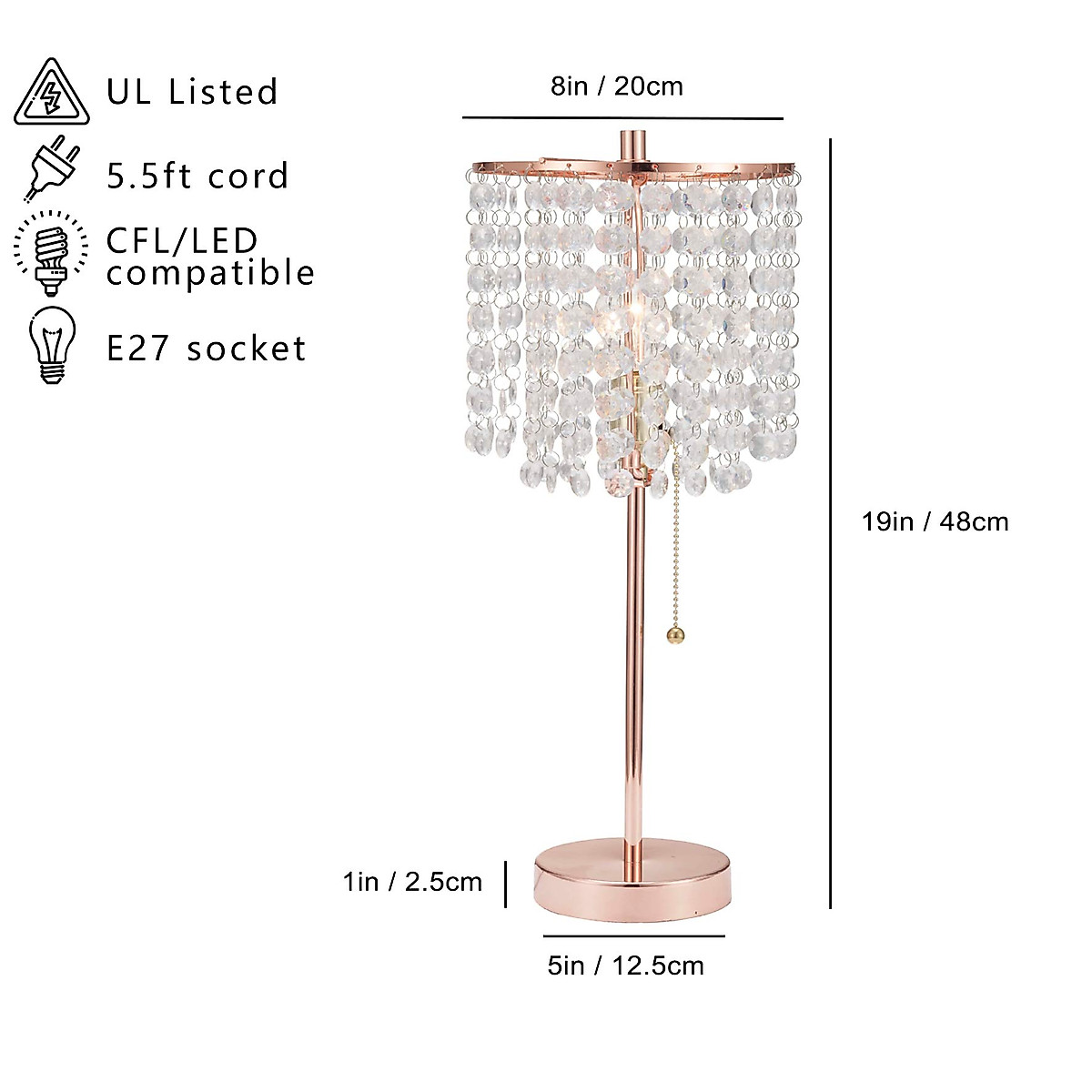 SH Lighting Crystal Inspired Table Desk Lamp - Features Convenient Pull Chain - 19" Tall Great for Bedrooms, Living Rooms, or Offices (Rose Gold)
