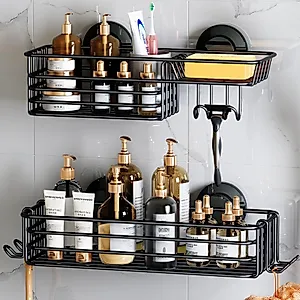 LEVERLOC Shower Caddy Suction Cup, 2 Pack Shower Shelves for Inside Shower with Hooks & Soap holder, NO-Drilling Bathroom Shower Organizer, Rustproof Meatl Shower Holder Storage, Black