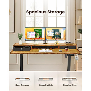 ErGear Electric Staning Desk with Drawers, 40x24 Small Gaming Desk with Monitor Stand, Stand up Desk, Home Office Height-Adjustable Desk with Storage Shelf, Vintage Brown, EGESD35V