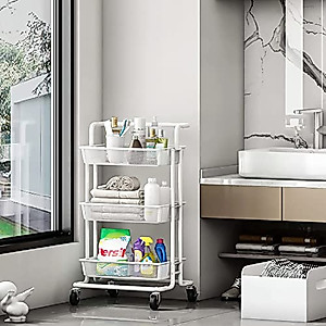 PUSDON 3-Tier Rolling Utility Cart, Metal Mesh Trolley Service Cart with Locking Wheels and Removable Handles, Heavy Duty Organizer Storage Cart for Office Bar Kitchen Bathroom Living Room Use, White