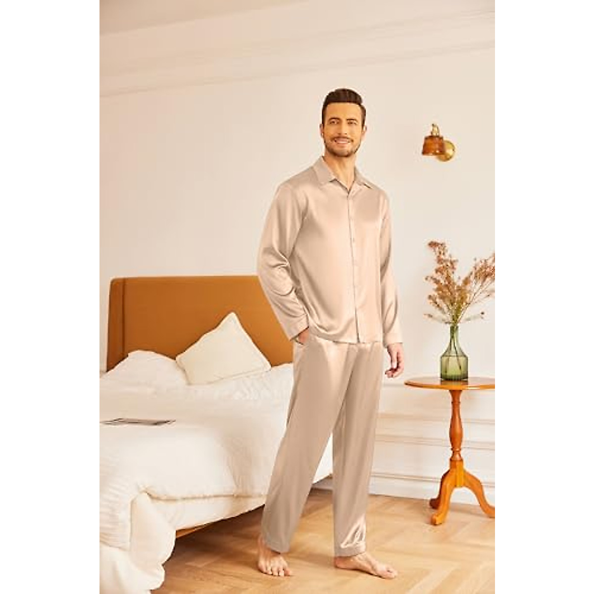 Ekouaer Mens Silk Pajama Set Long Sleeve Button Down Shirts Pjs Pants Set Satin Sleepwear Loungewear Set with Pockets Champagne L