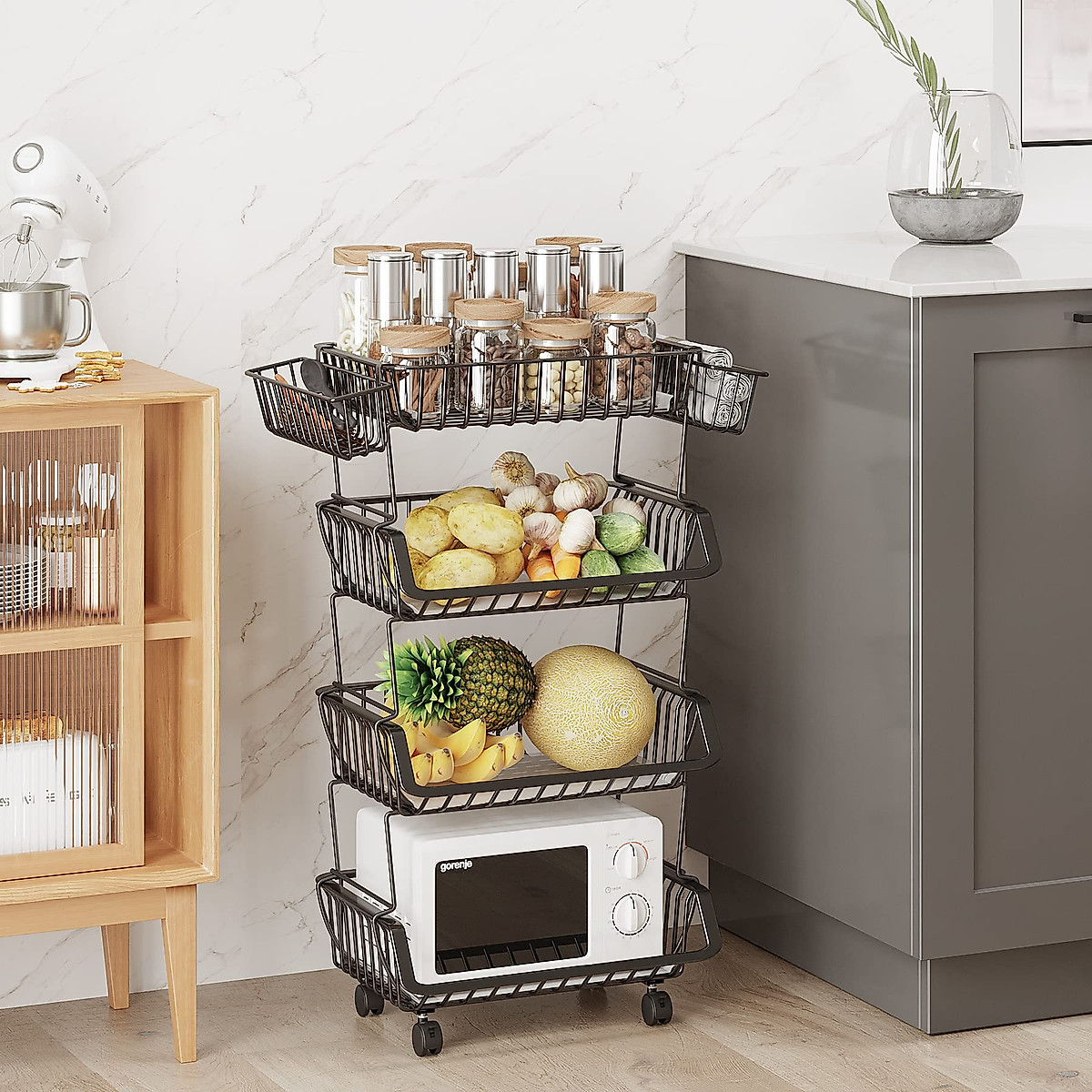 JIUYOTREE 4-Tier Fruit Basket Cart with Wheels, Metal Wire Fruit Vegetable Storage Basket Organizer with Two Free Baskets for Kitchen,Pantry, Garage, Black