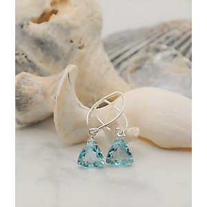 Handmade Dangle Earrings for Women - Aquamarine Blue Quartz Sterling Silver Earrings in Gift Box - Sparkly Blue Quartz Trillion - Lightweight Dangling Earrings - Trendy Long Dangly Drop Earrings