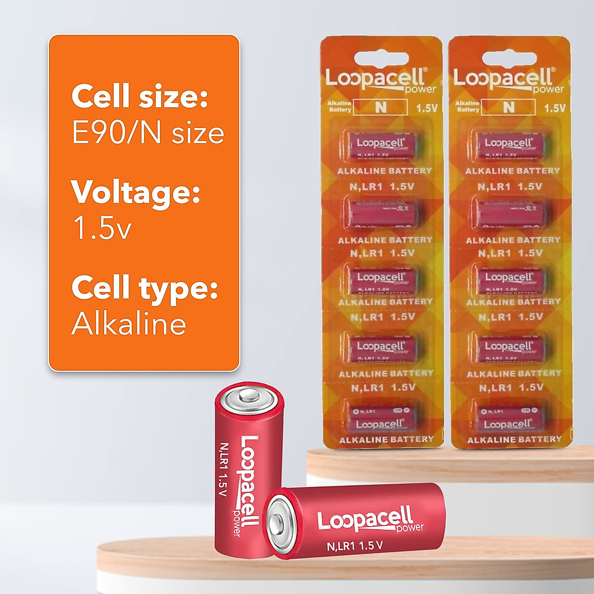 LOOPACELL E90 Alkaline Batteries, 1.5V, LR1 N Size (Pack of 10)