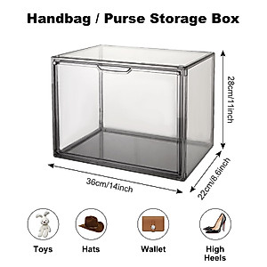 FVIEXE 3PCS Purse Storage Organizer for Closet, Acrylic Clear Grey Handbag Organizer Closet Boxes with Magnetic Door Purse Storage Display Case for Handbags Purses Bag Book Shoe Organization