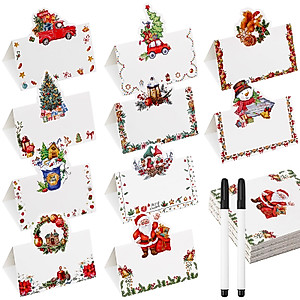Tenceur 100 Pcs Christmas Place Cards for Table Setting Blank Christmas Table Name Place Cards Holders with 2 Pens Tented Rustic Folded Dinner Name Tags for Xmas Brunch Birthday Holiday Party 10 Style