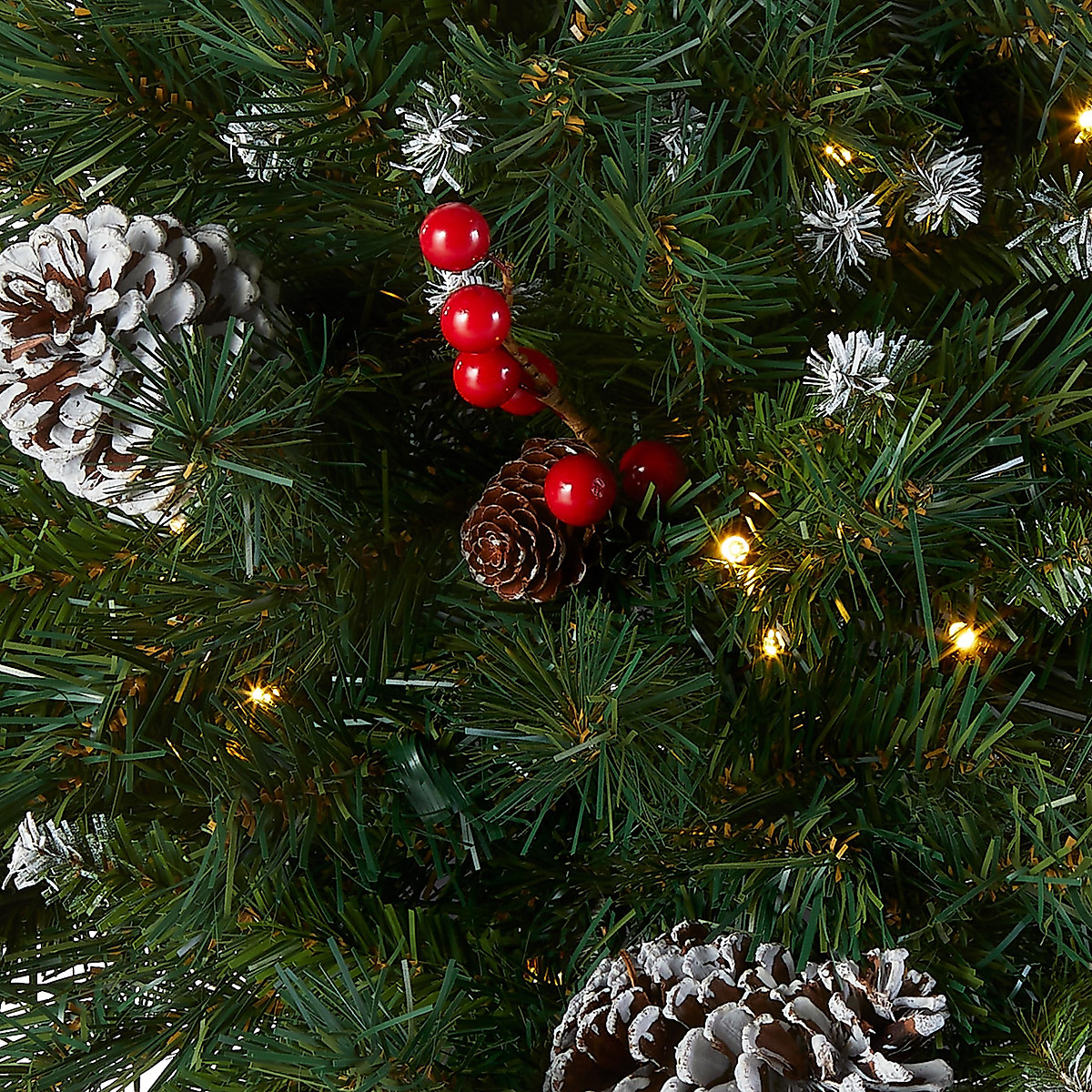 National Tree Company National Tree 18 Inch Frosted Urn Filler with Cones, Red Berries, Tripod Stake and 35 Warm White Battery Operated LED Lights with Timer (FRB-300-18U-B), 18"