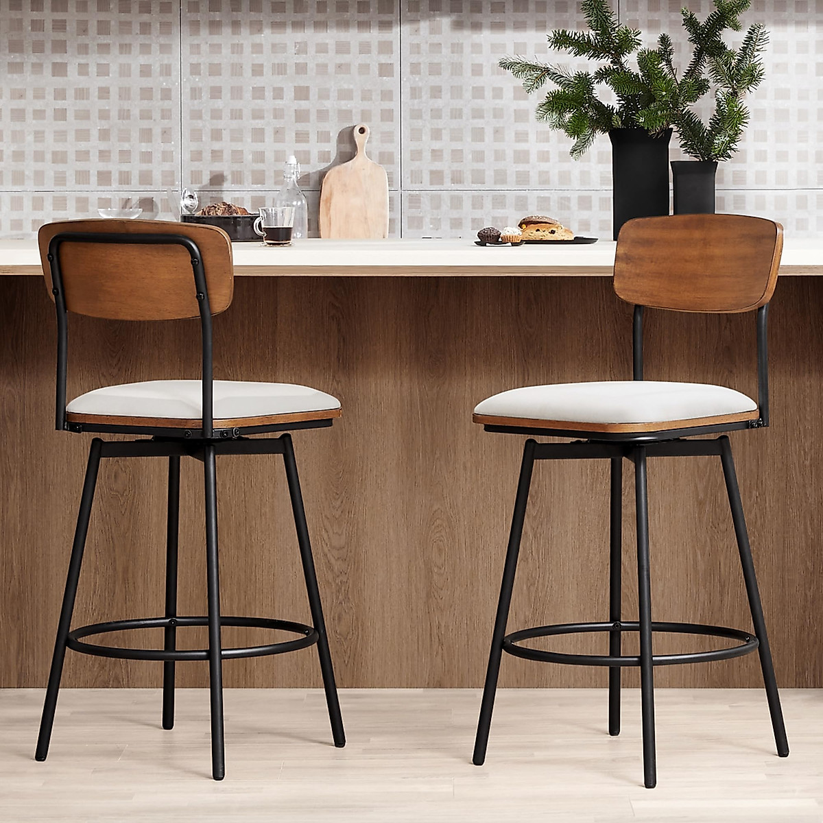 CHITA Swivel Counter Height Bar Stools with Back, Fabric Upholstered Barstools Set of 2, 27" Seat Height, Metal & Wood Frame, Cream