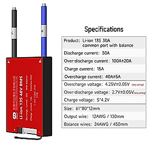 DALY BMS 13S 48V 30A Li-ion Battery Protection Module PCB Protection Board with Balance Leads BMS for 18650 Battery Pack 48V(Standard BMS,30A)