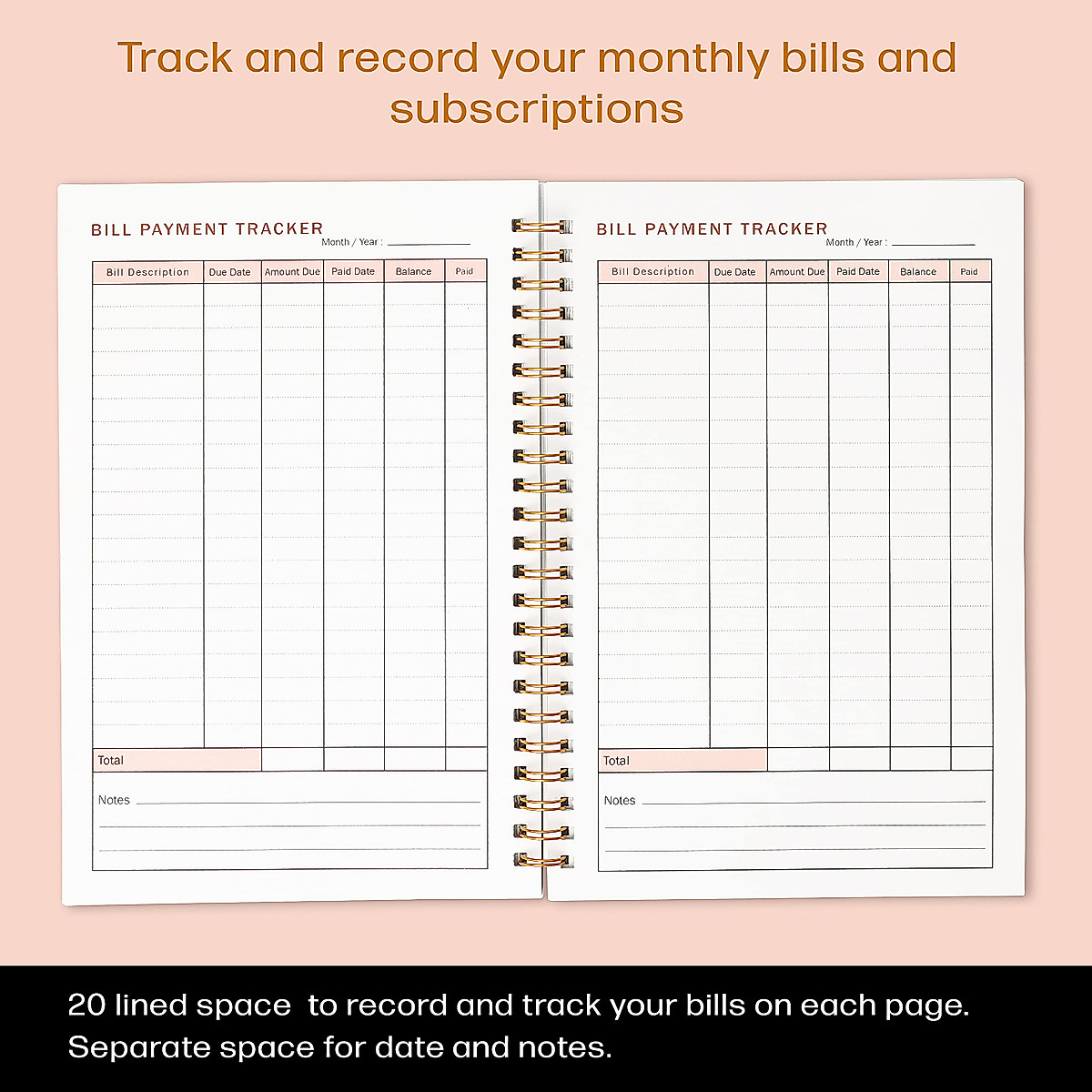 Miru Bill Payment Tracker. A5 Notebook Bill Planner with Spiral Binding and Back Pocket – Home Finance & Monthly Bill Payment Organizer, Logbook