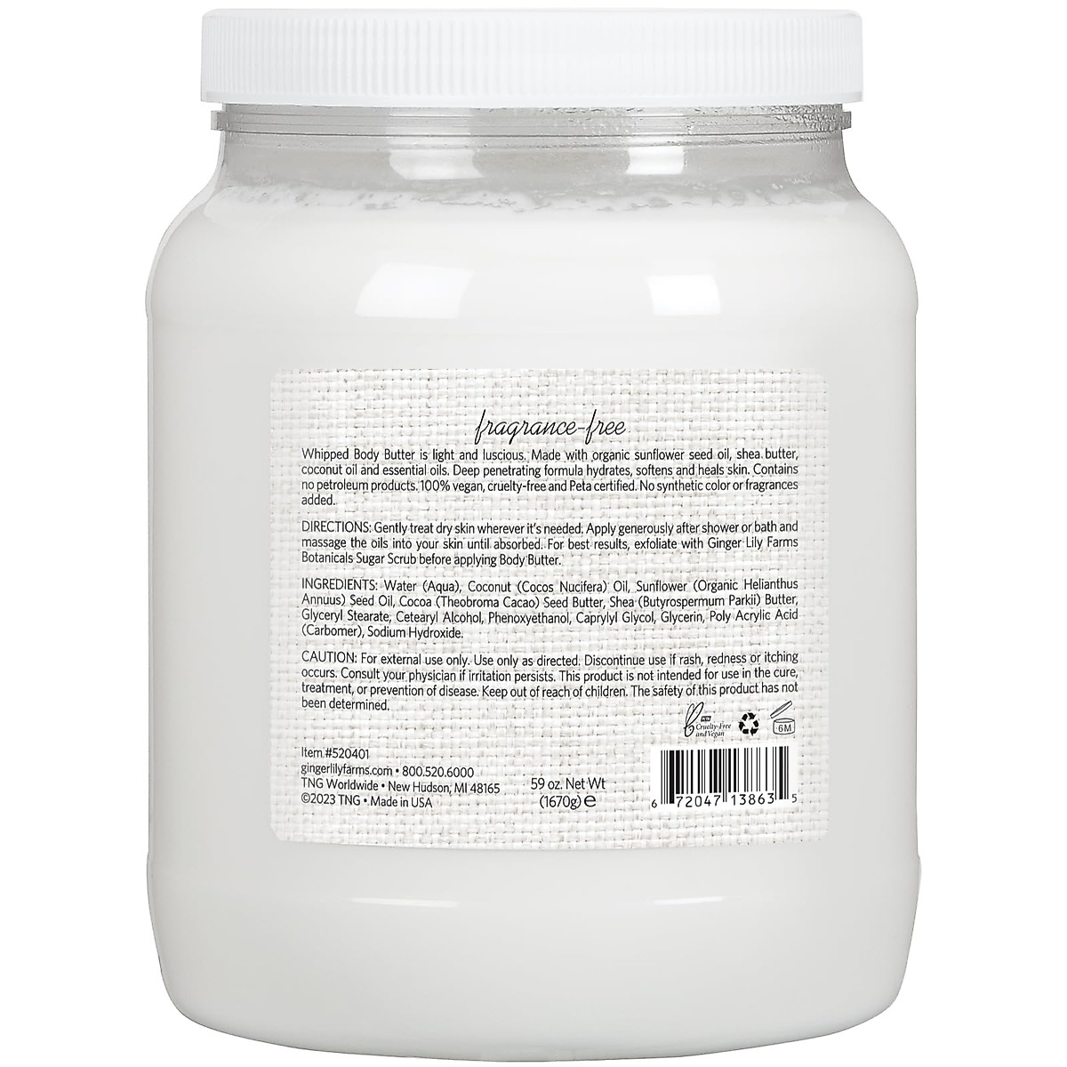 Ginger Lily Farms Botanicals Whipped Body Butter for Dry Skin, Ultra-Hydrating, 100% Vegan & Cruelty-Free, Fragrance-Free, 59 Ounces