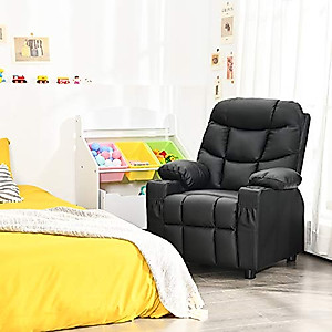 Costzon Kids Recliner Chair with Cup Holder, Adjustable Leather Lounge Chair w/Footrest & Side Pockets for Children Boys Girls Room, Ergonomic Toddler Furniture Sofa, Kids Recliner (Black)